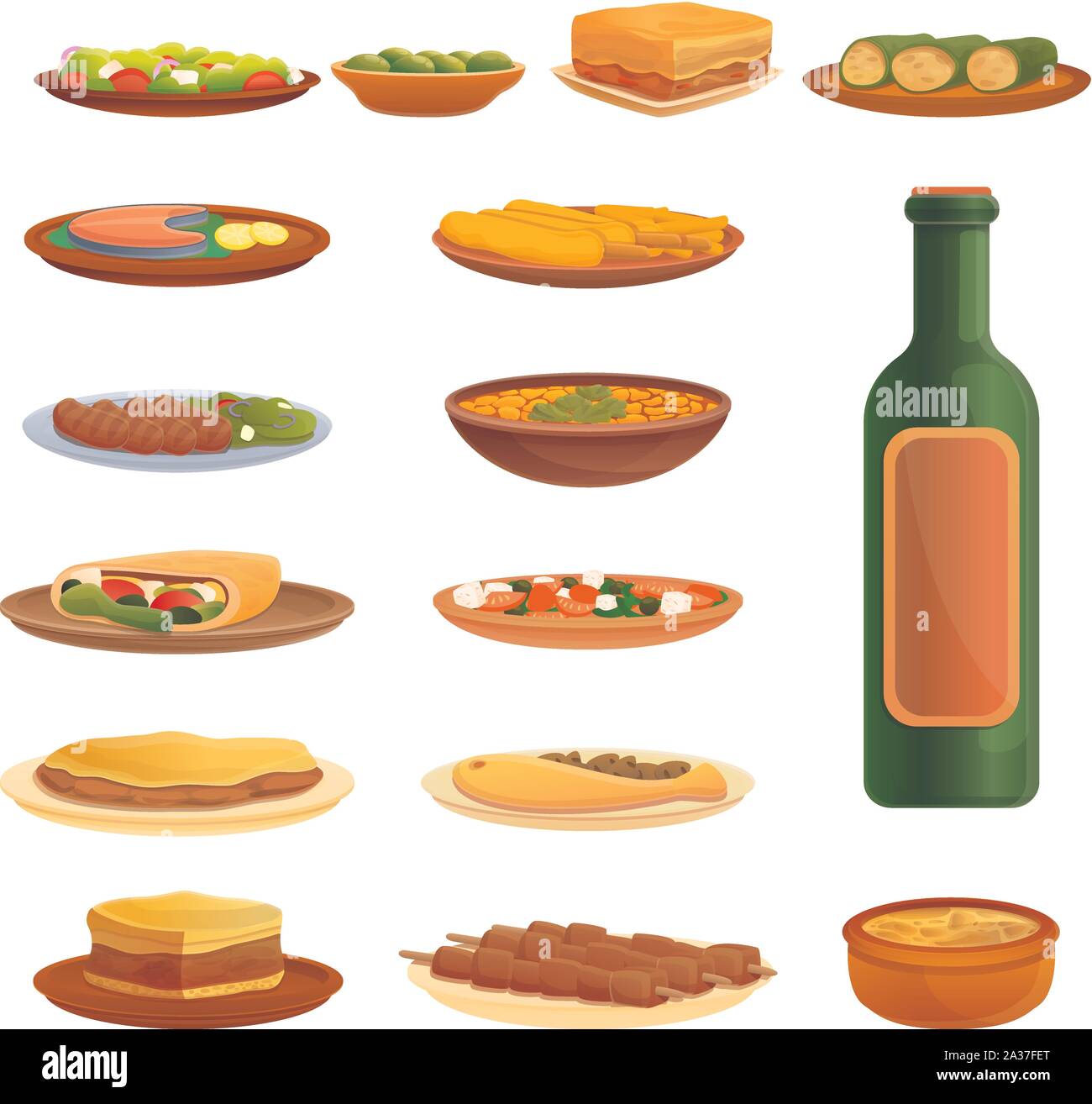 Greek cuisine icons set. Cartoon set of Greek cuisine vector icons for ...