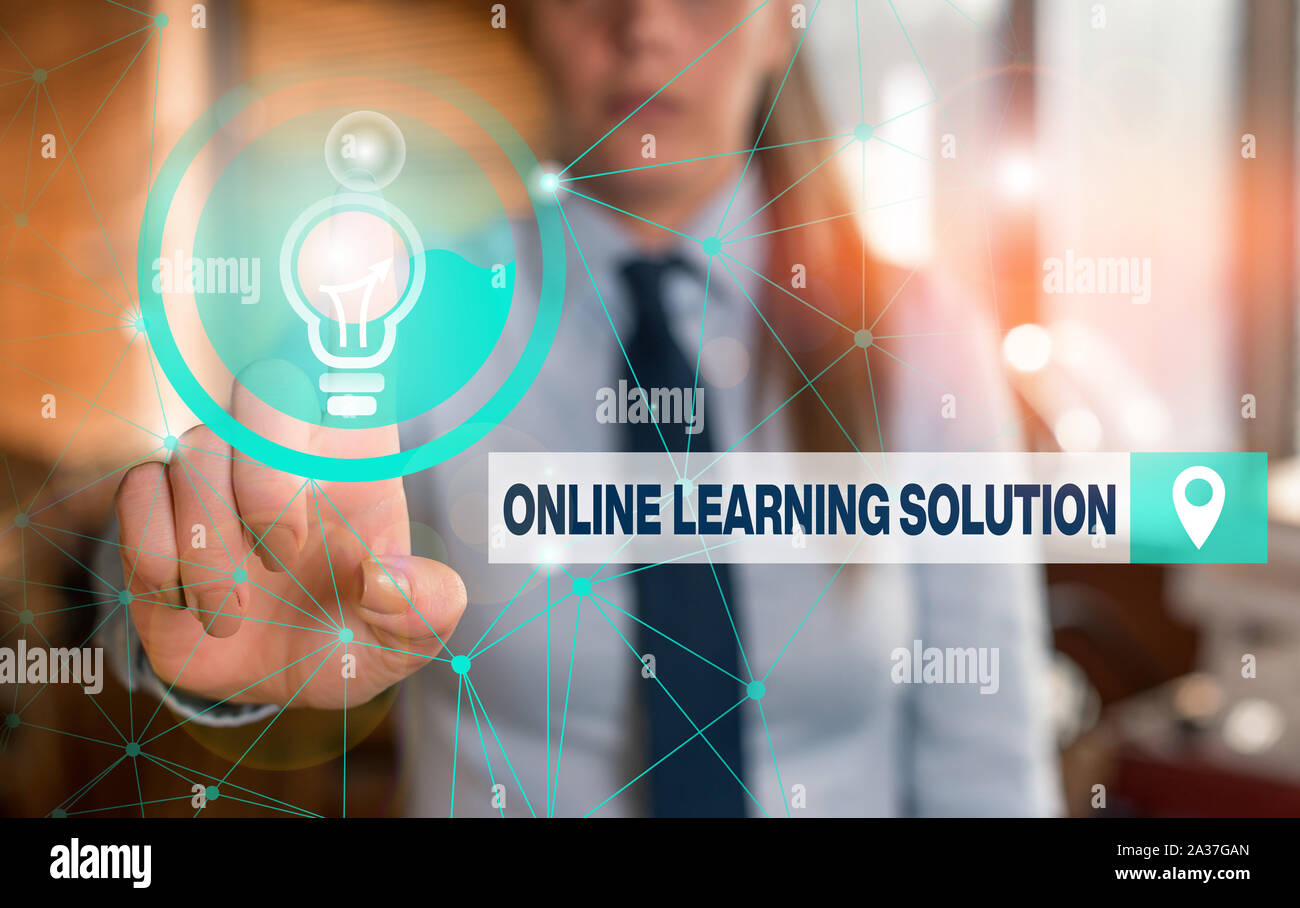 Text sign showing Online Learning Solution. Business photo showcasing ...