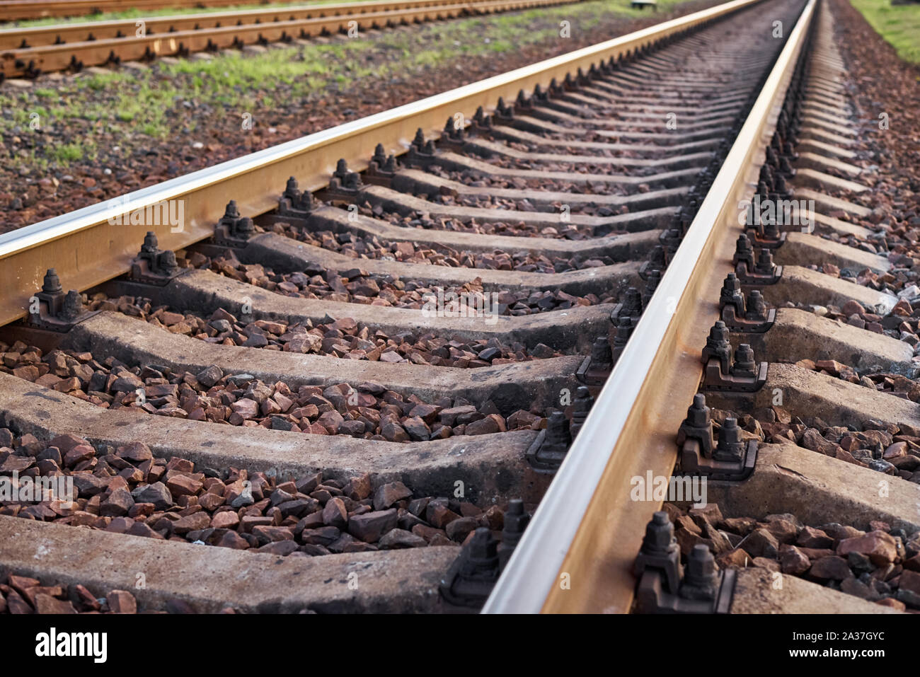 Close up railway track. Part of railroad Stock Photo - Alamy