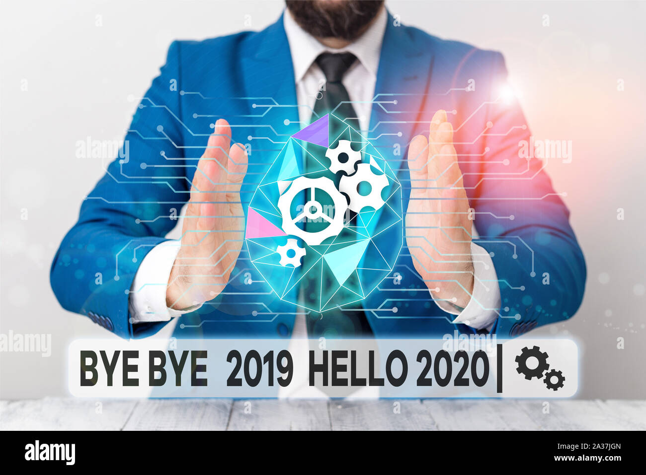 Text sign showing Bye Bye 2019 Hello 2020. Business photo showcasing ...
