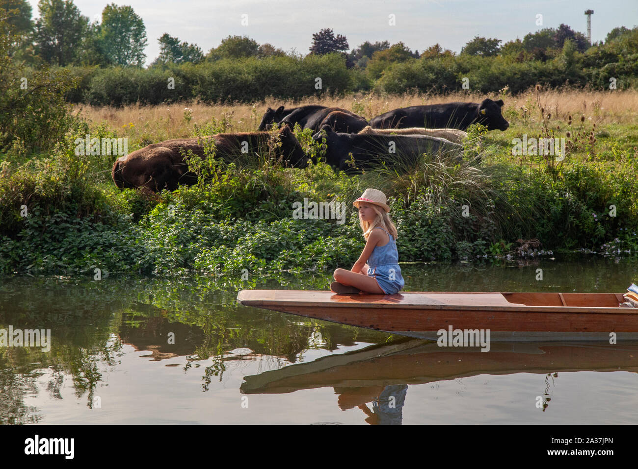A pretty girl sits on the bow of a punt on the River Cherwell in Oxford ...