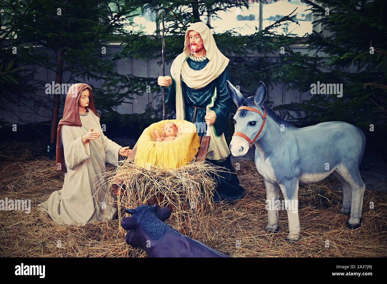 Beautiful nativity scene with baby Jesus. Traditional Christmas ...