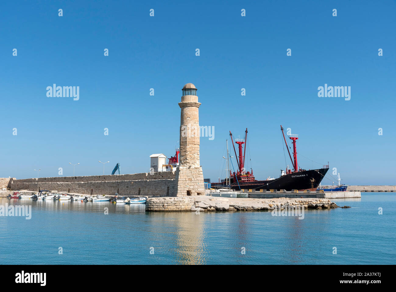 Port of Rethymno, Western Crete, Greece. September 2019. Lighthouse on ...