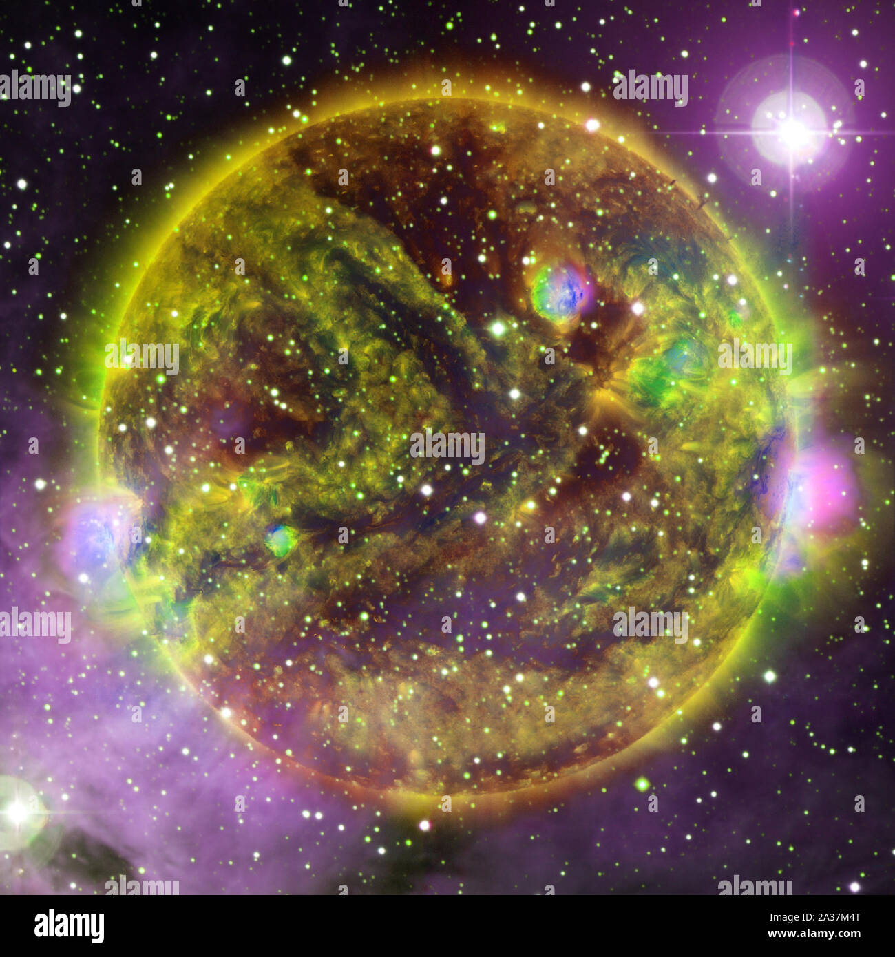 Extremely hot star. Flaring of Sun. Beauty of endless universe ...