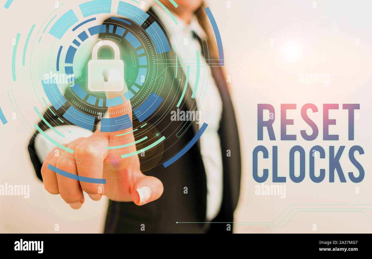 Text sign showing Reset Clocks. Business photo text To revisit return ...