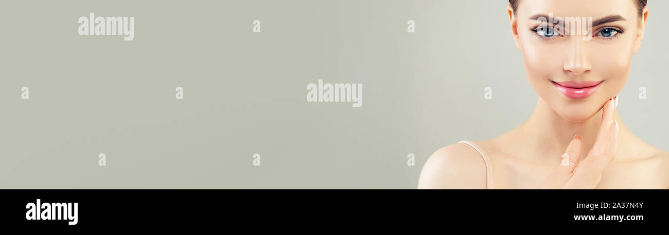 Beautiful face. Woman with clear skin portrait on banner background ...