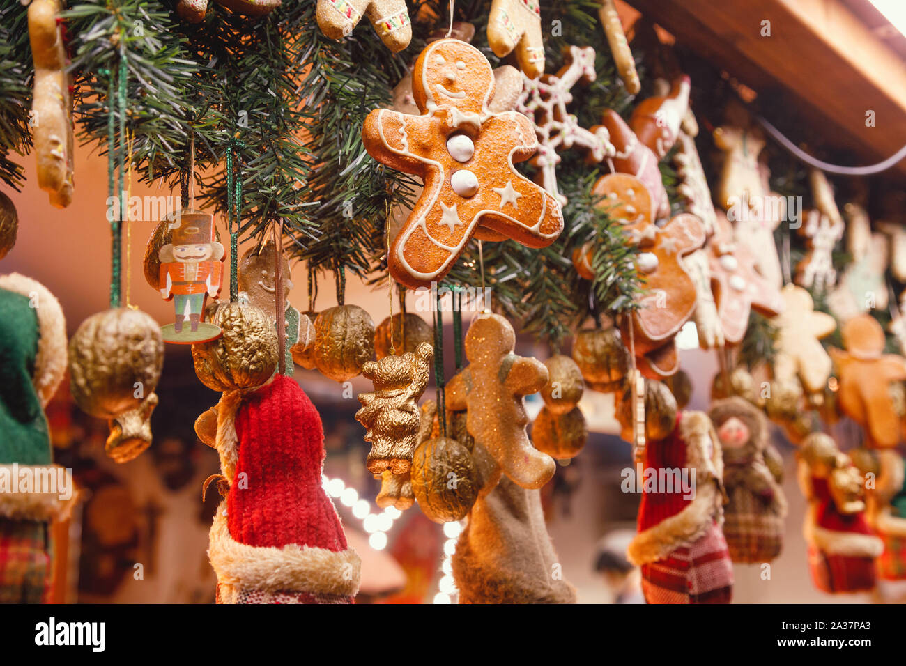 Traditional seasonal items and gifts at Christmas market ...