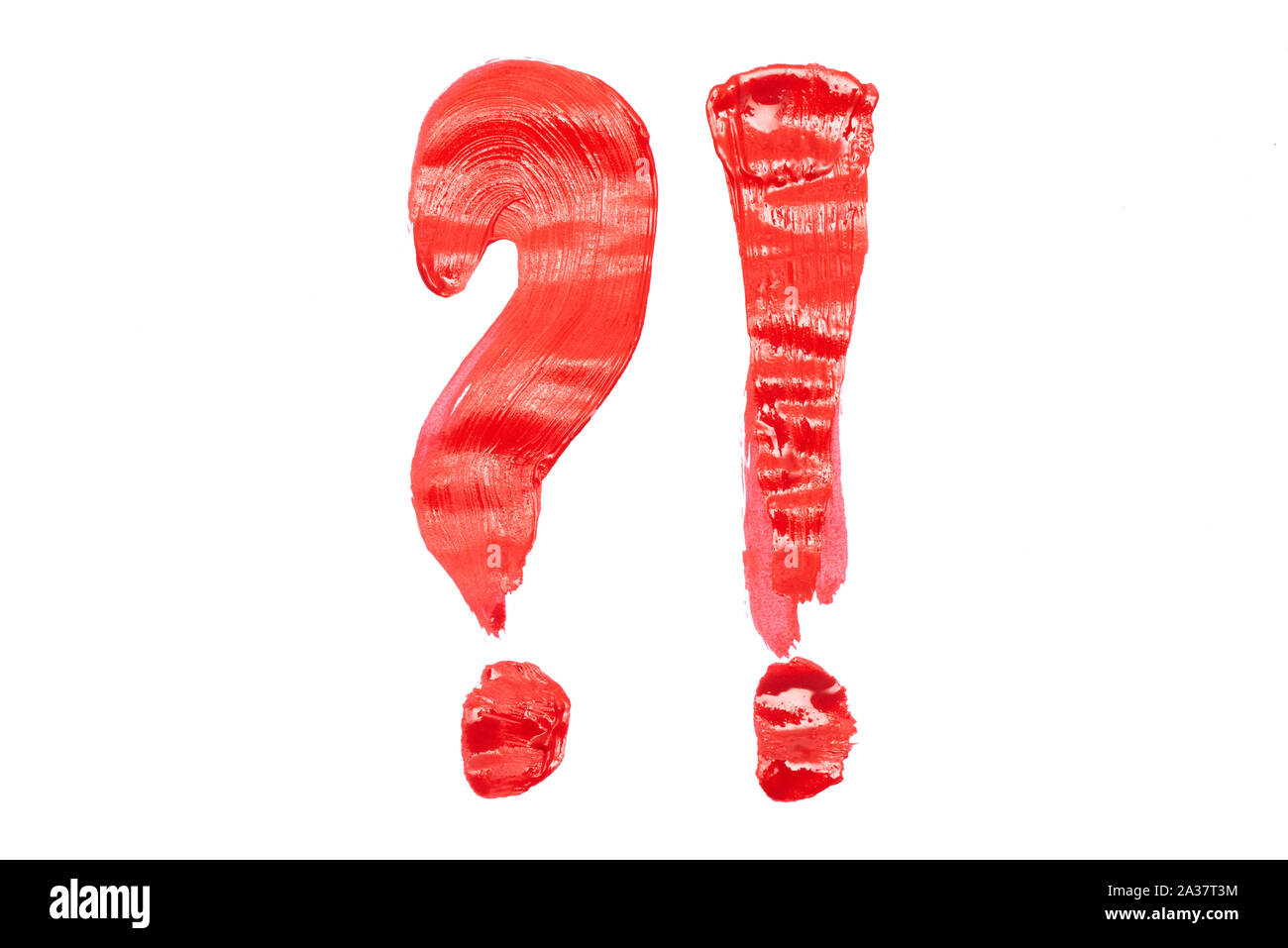 Exclamation and question mark by red paint strip isolated on white ...