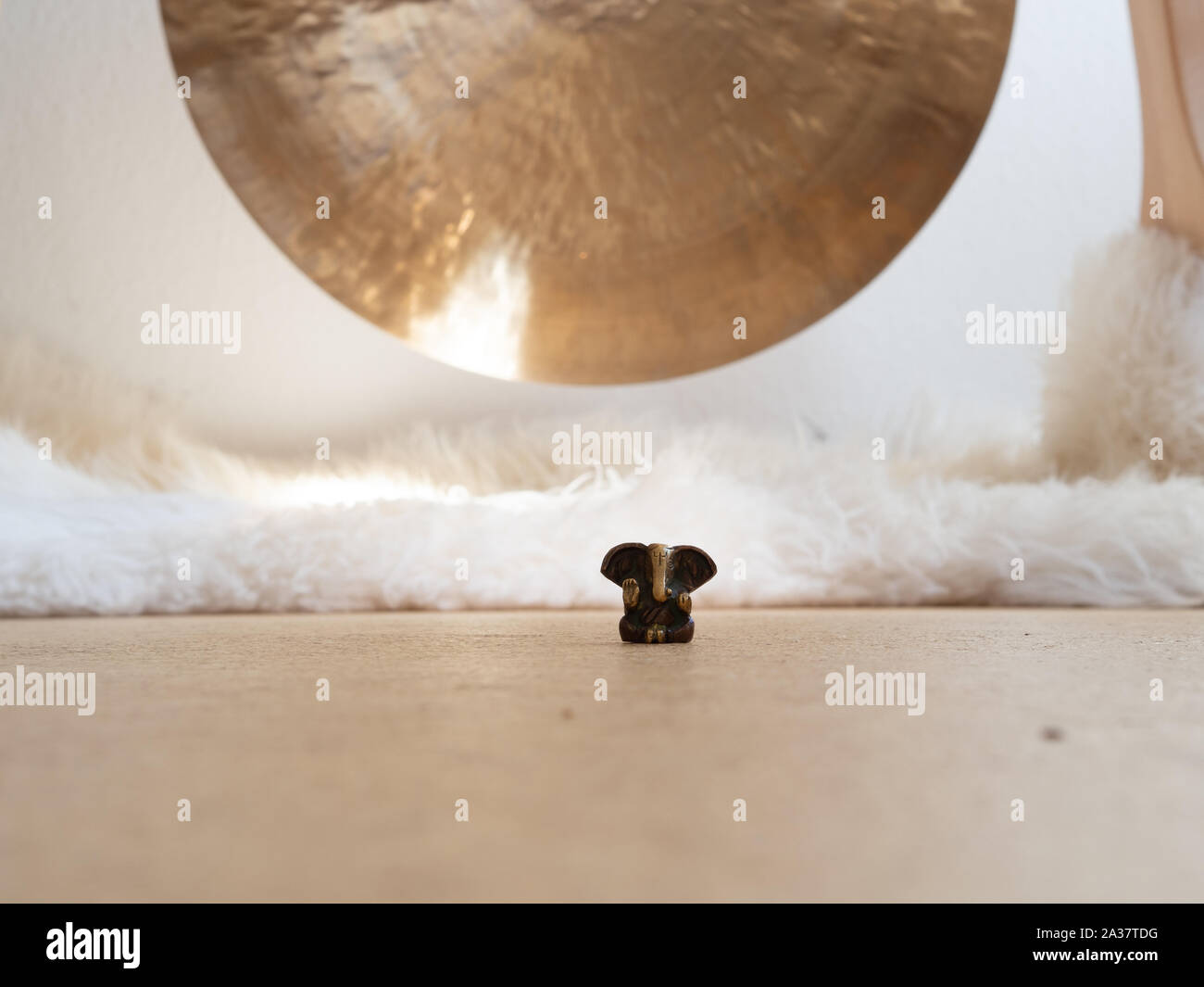Golden Gong with Ganesha statue and sheep skin sound healing ceremony ...