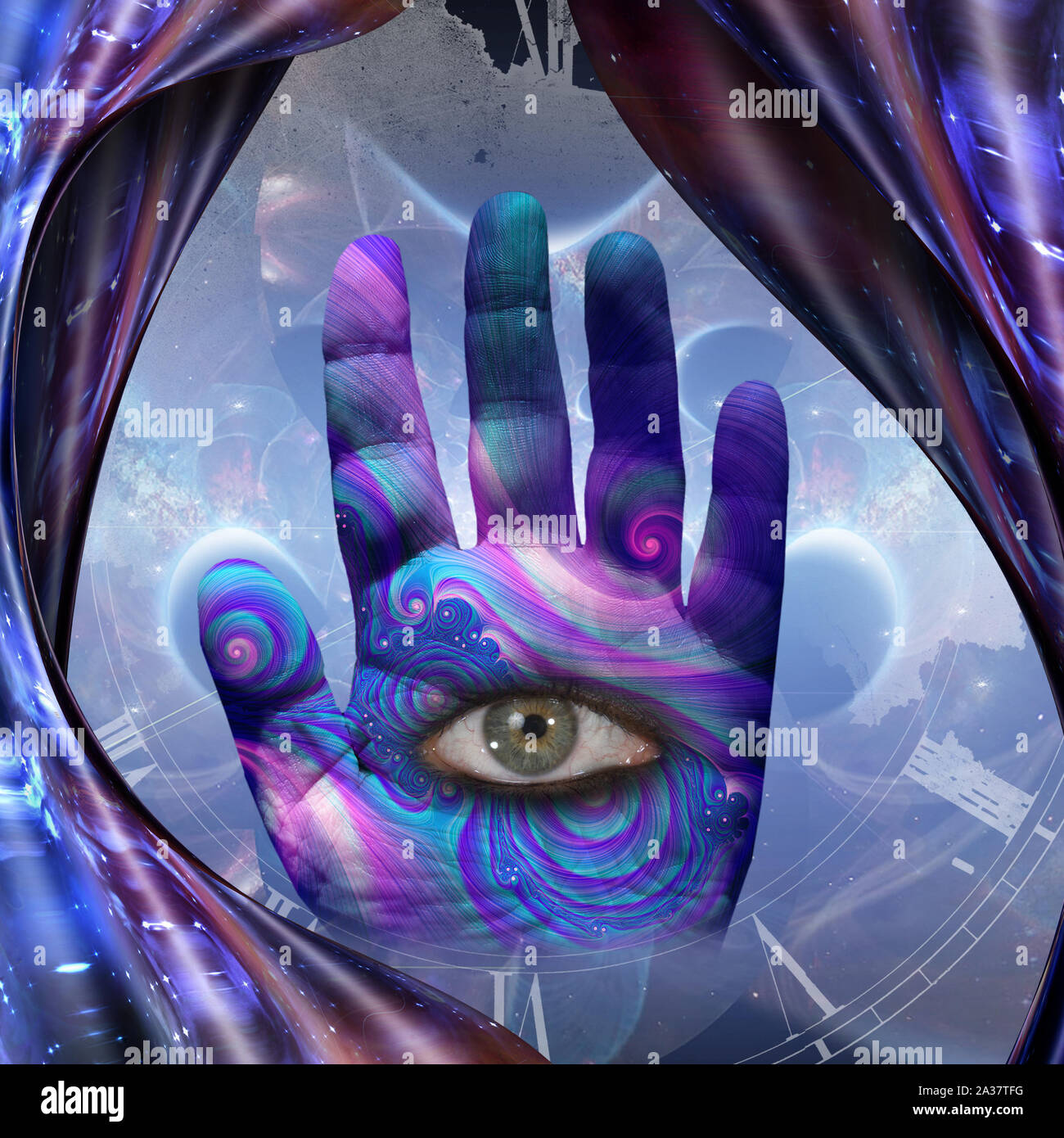 Surreal composition. Eye in human palm. Warped space Stock Photo - Alamy