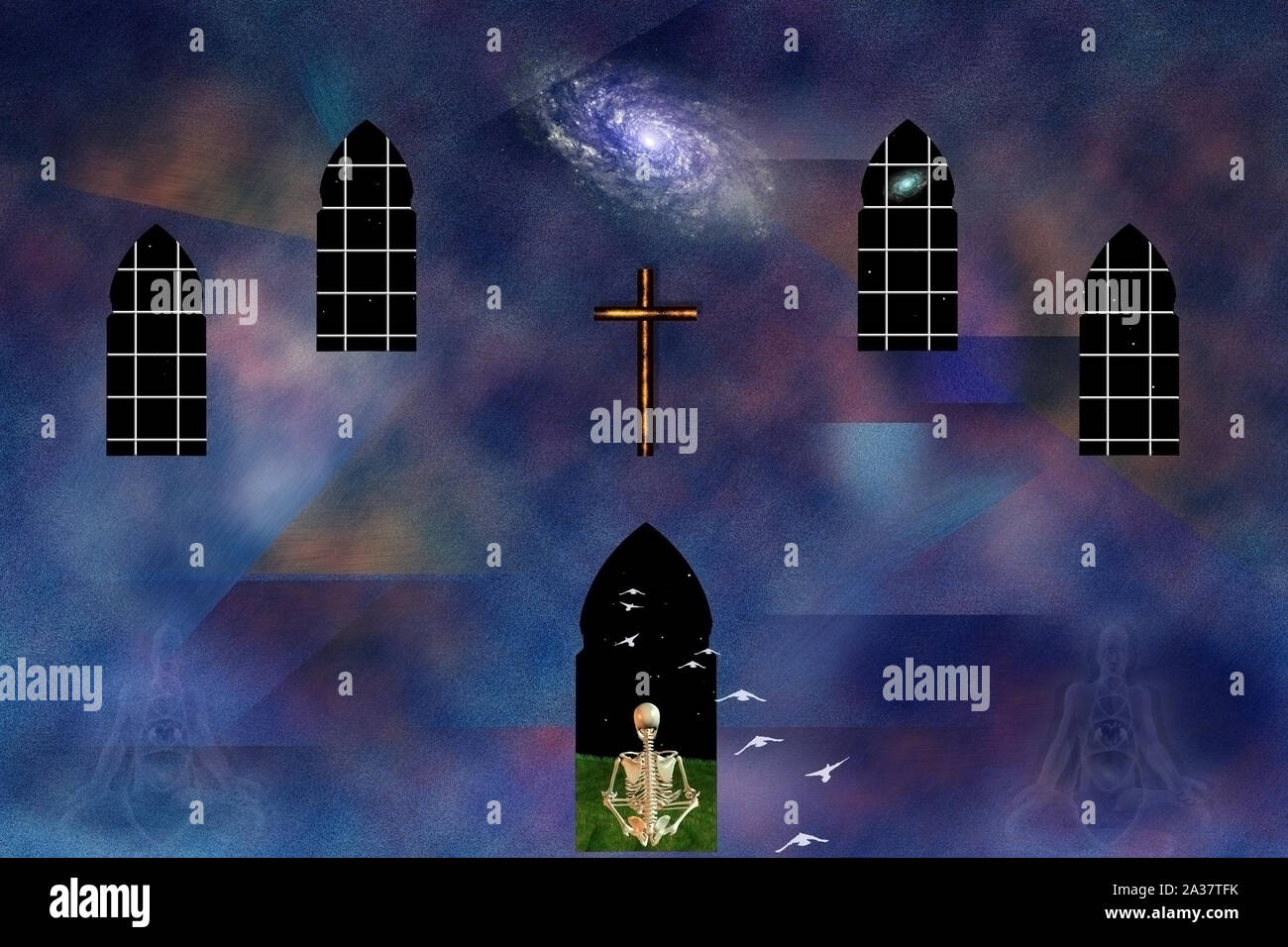 Spiritual healing. Skeleton in lotus pose, cross and galaxy Stock Photo ...