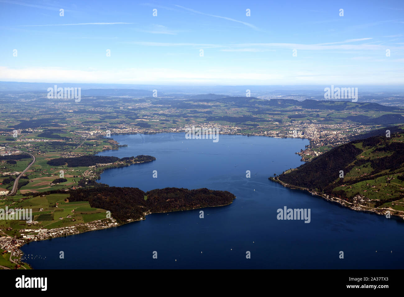 Panoramic landscape view of Lake Zug, Zugersee and Zug from the top of ...