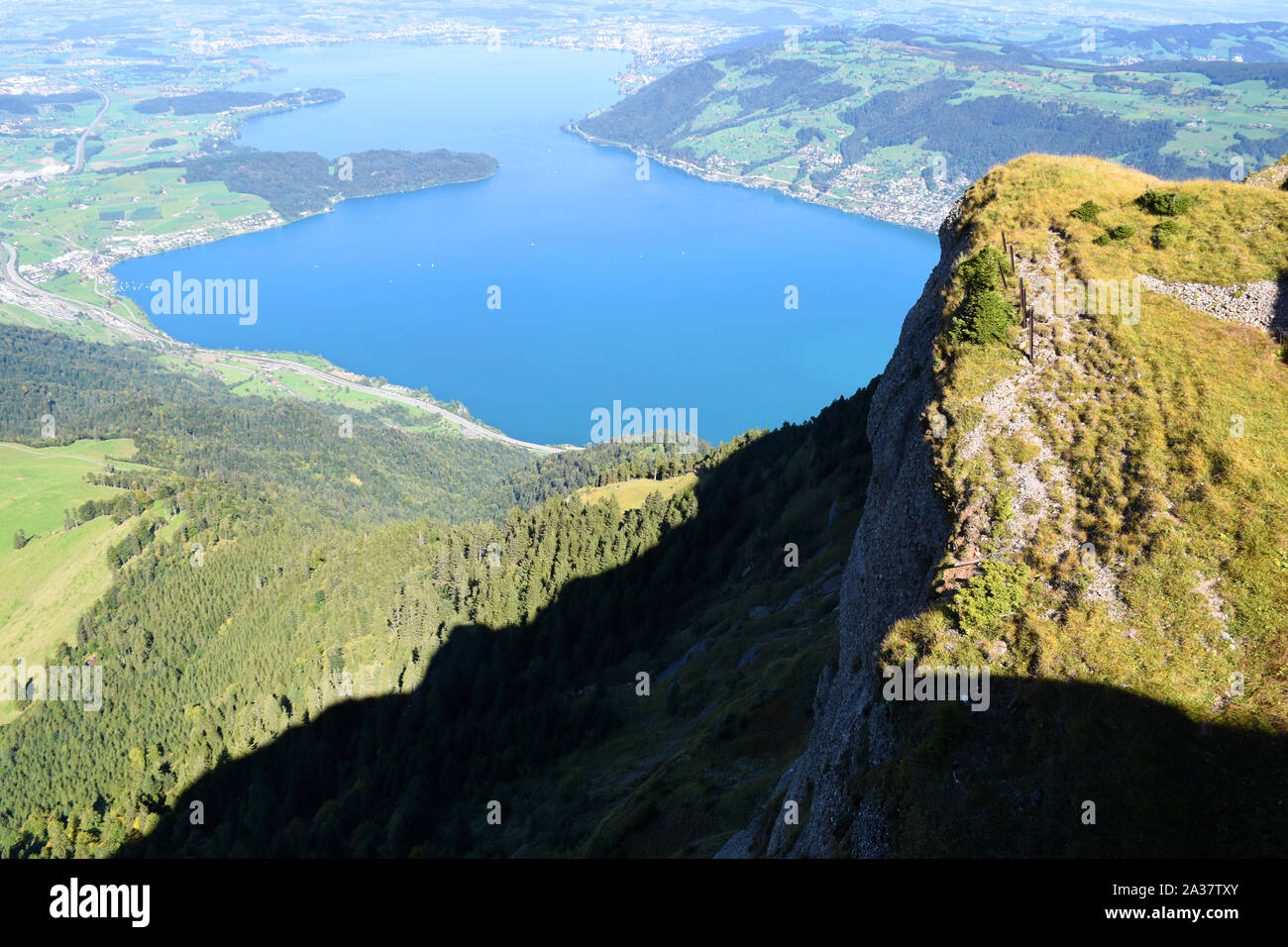 Panoramic landscape view of Lake Zug, Zugersee from the top of Rigi ...