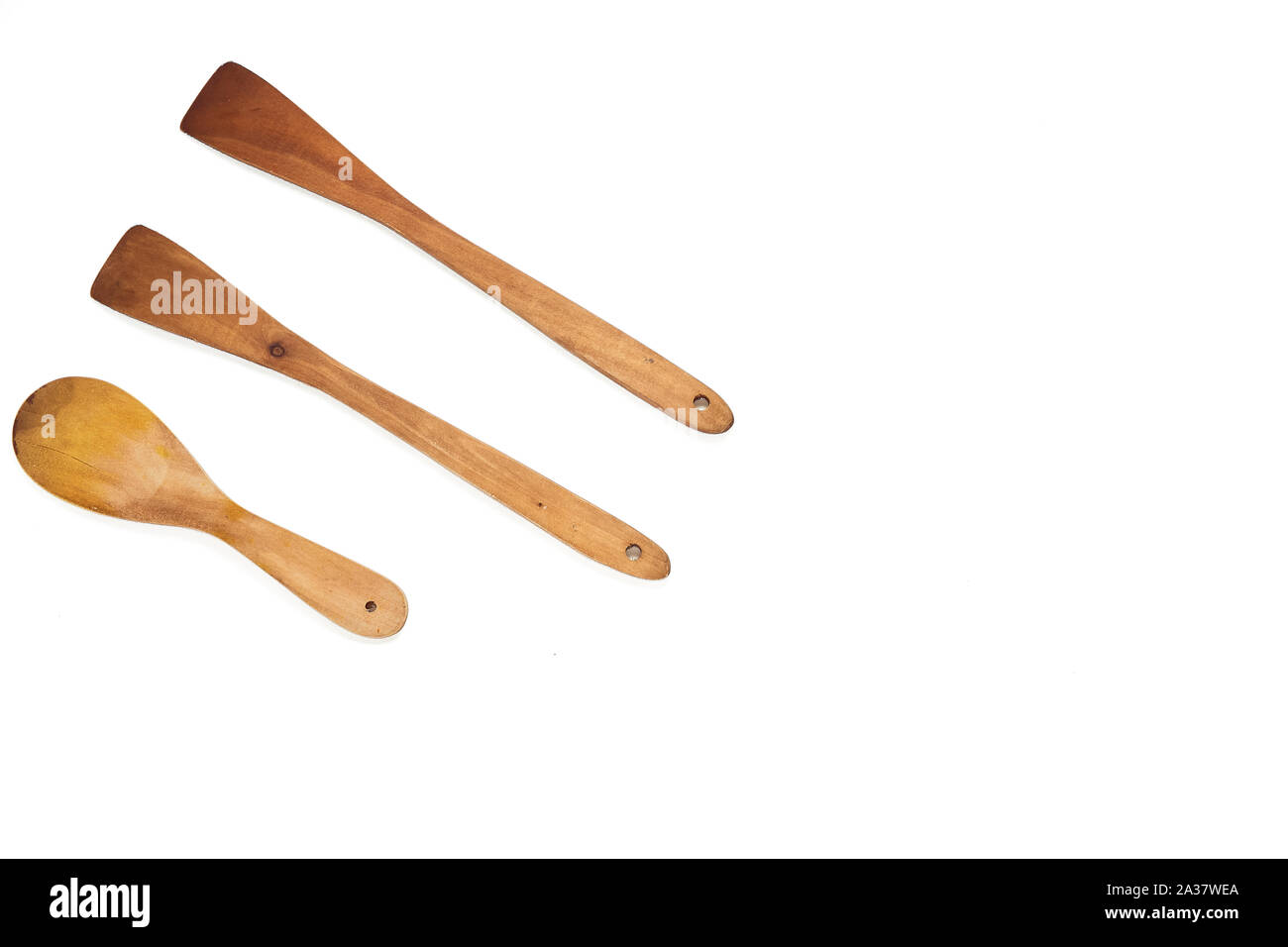flat lay wood Wooden spoon isolated on white background with space for ...