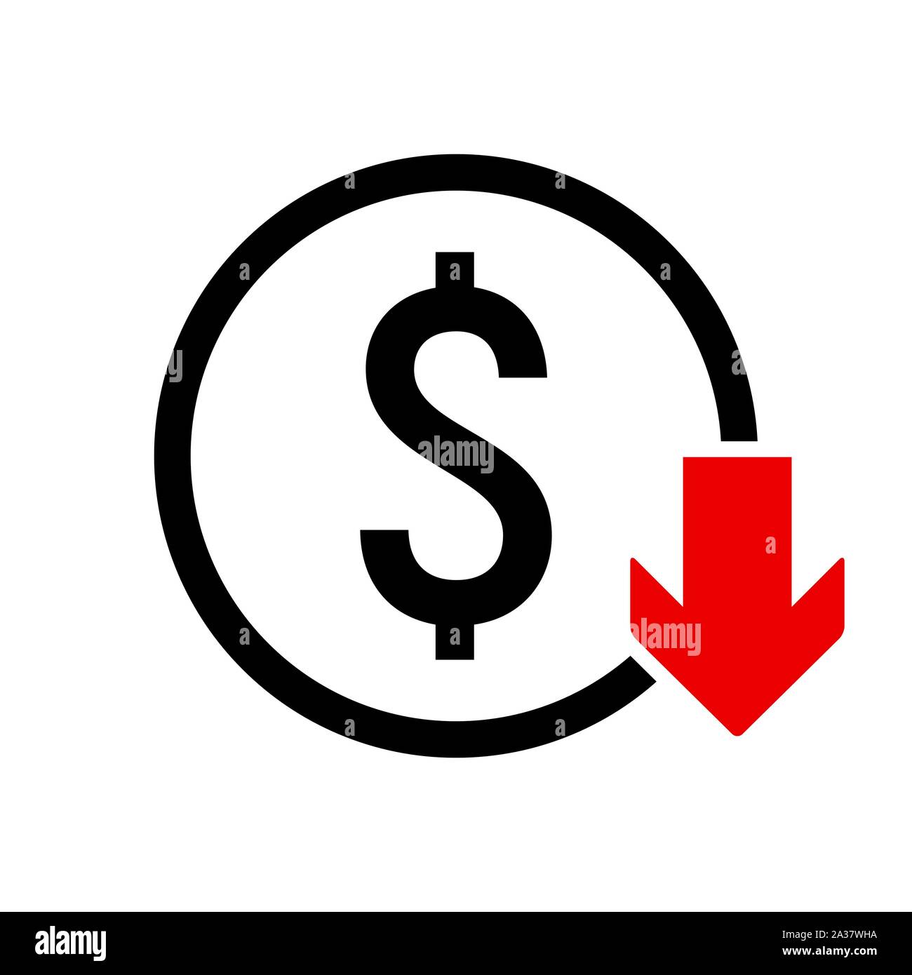 Dollar Down icon. Value decrease symbol. Currency fall concept Stock ...