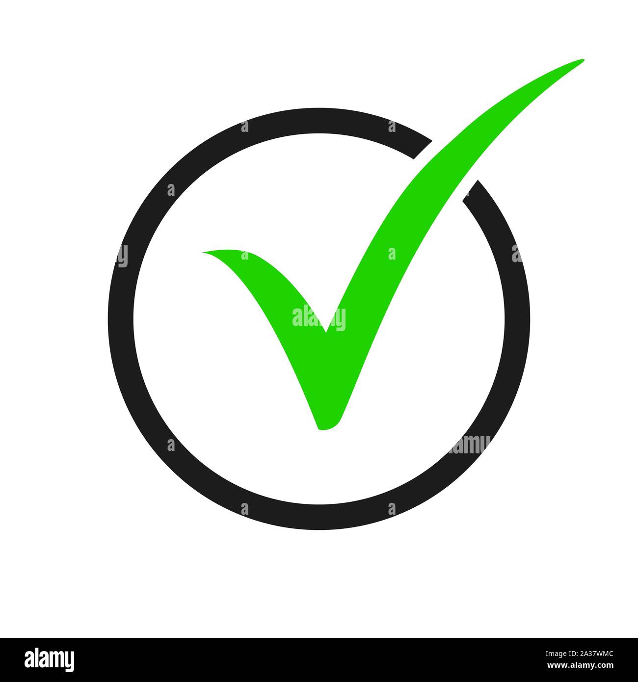 Green Check Mark Icon In A Black Circle Over White Background Stock
