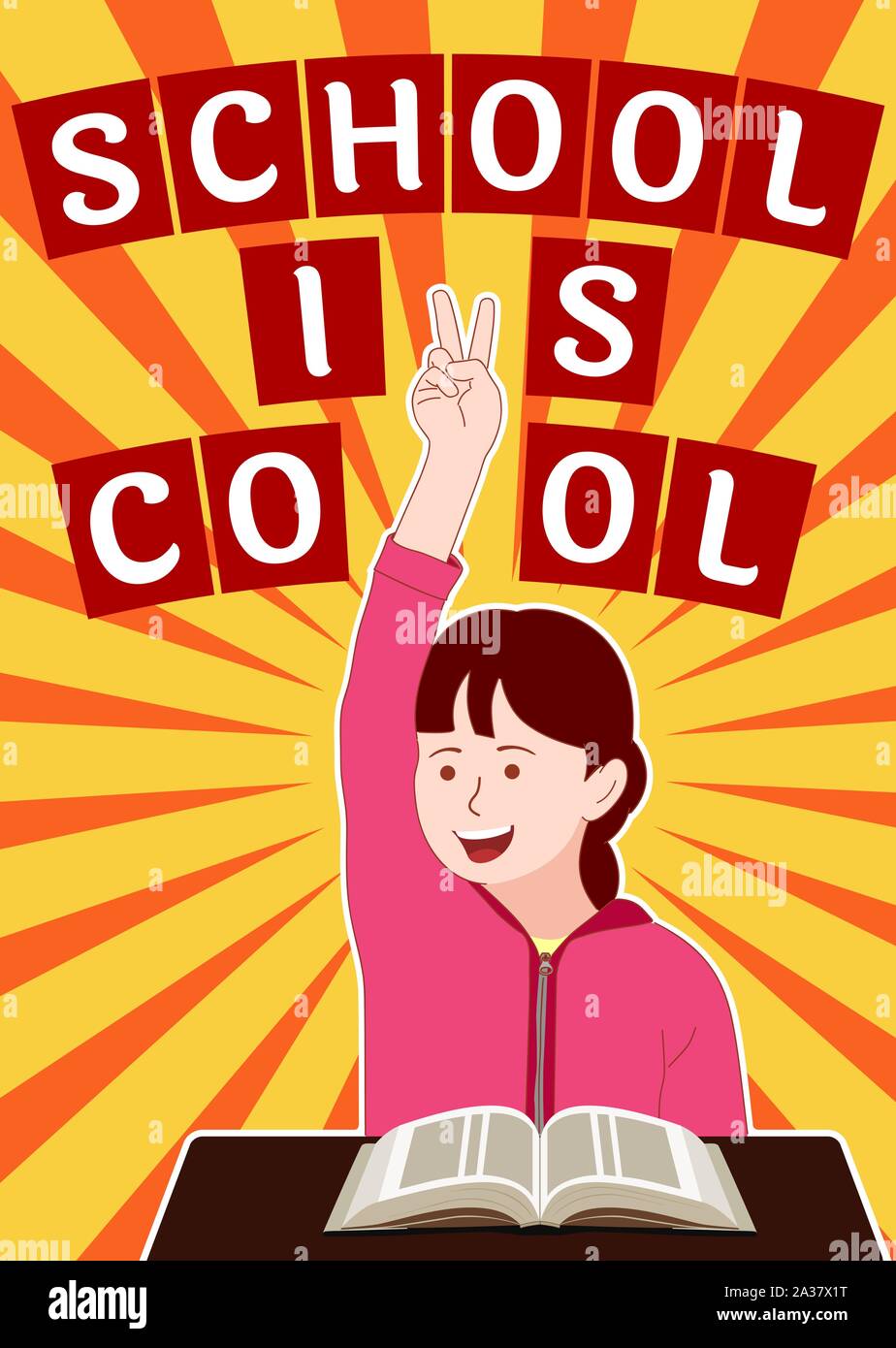 School is cool poster. Smiling Schoolgirl Shows Victory Gesture. Over ...