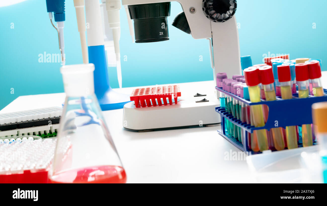 Laboratory of genetic research. PCR plates and multichannel pipettes ...