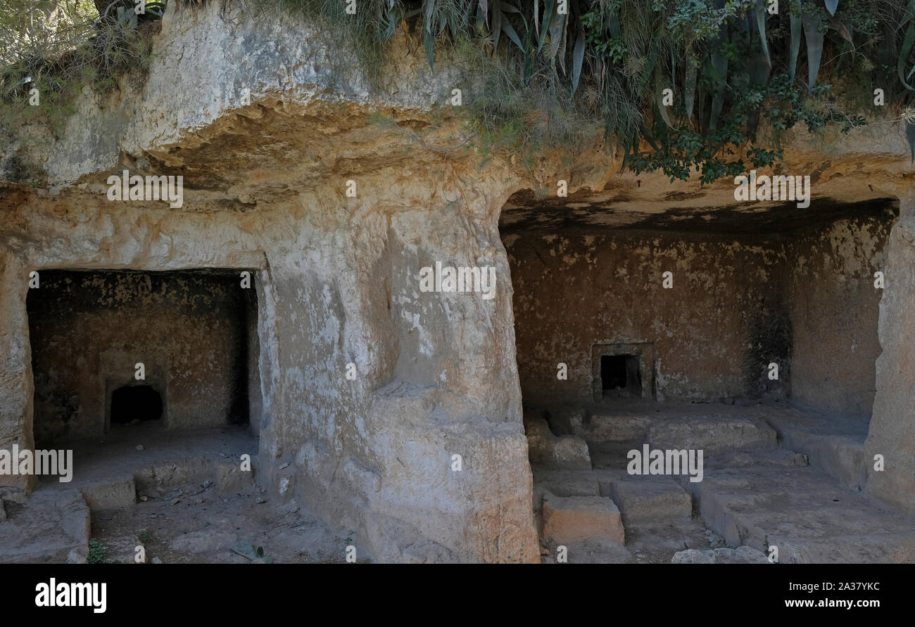 The entrance to ancient rock-cut tombs constructed in the 1st century A ...