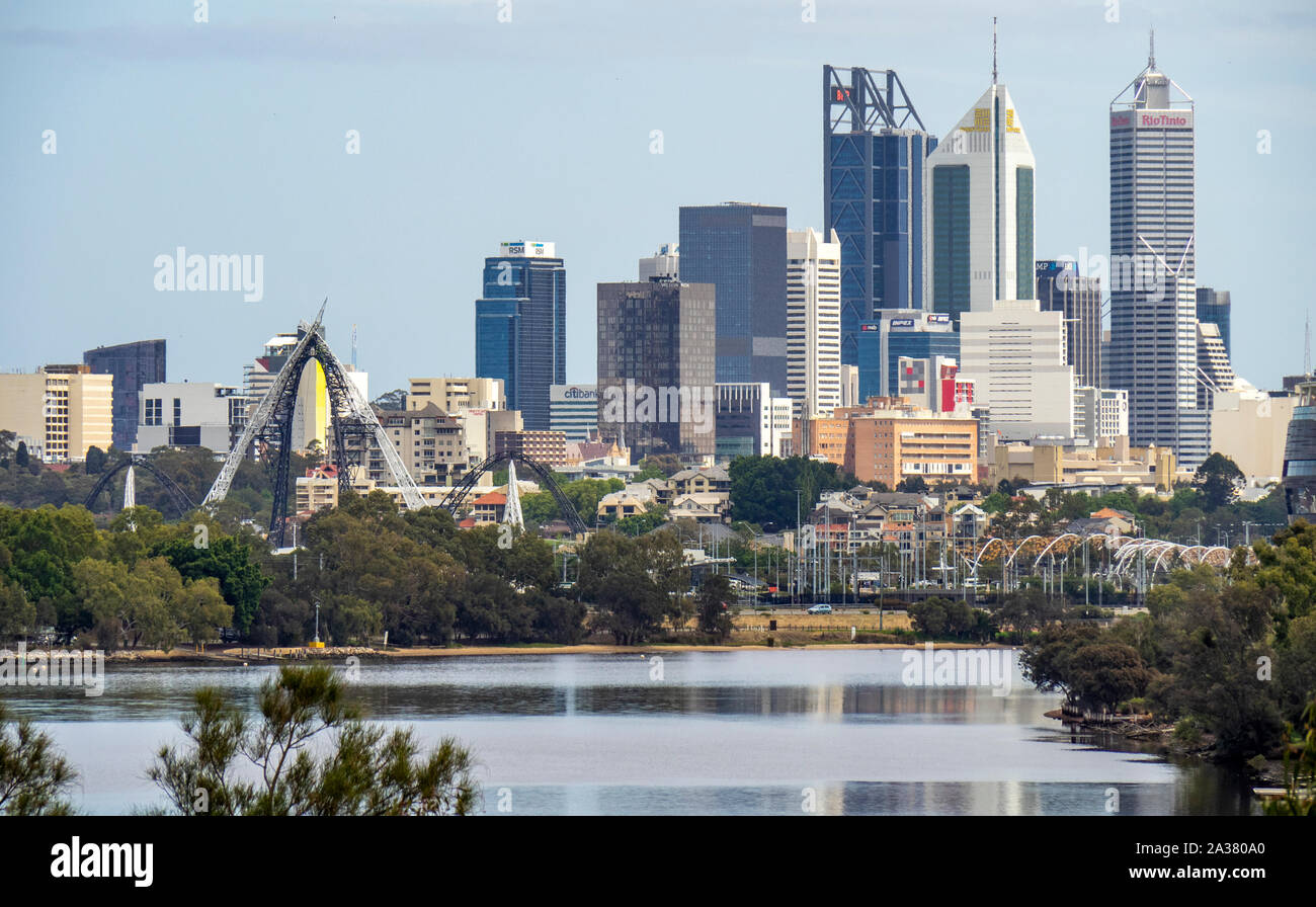 Towers and skyscrapers of Perth skyline on the banks of the Swan River ...