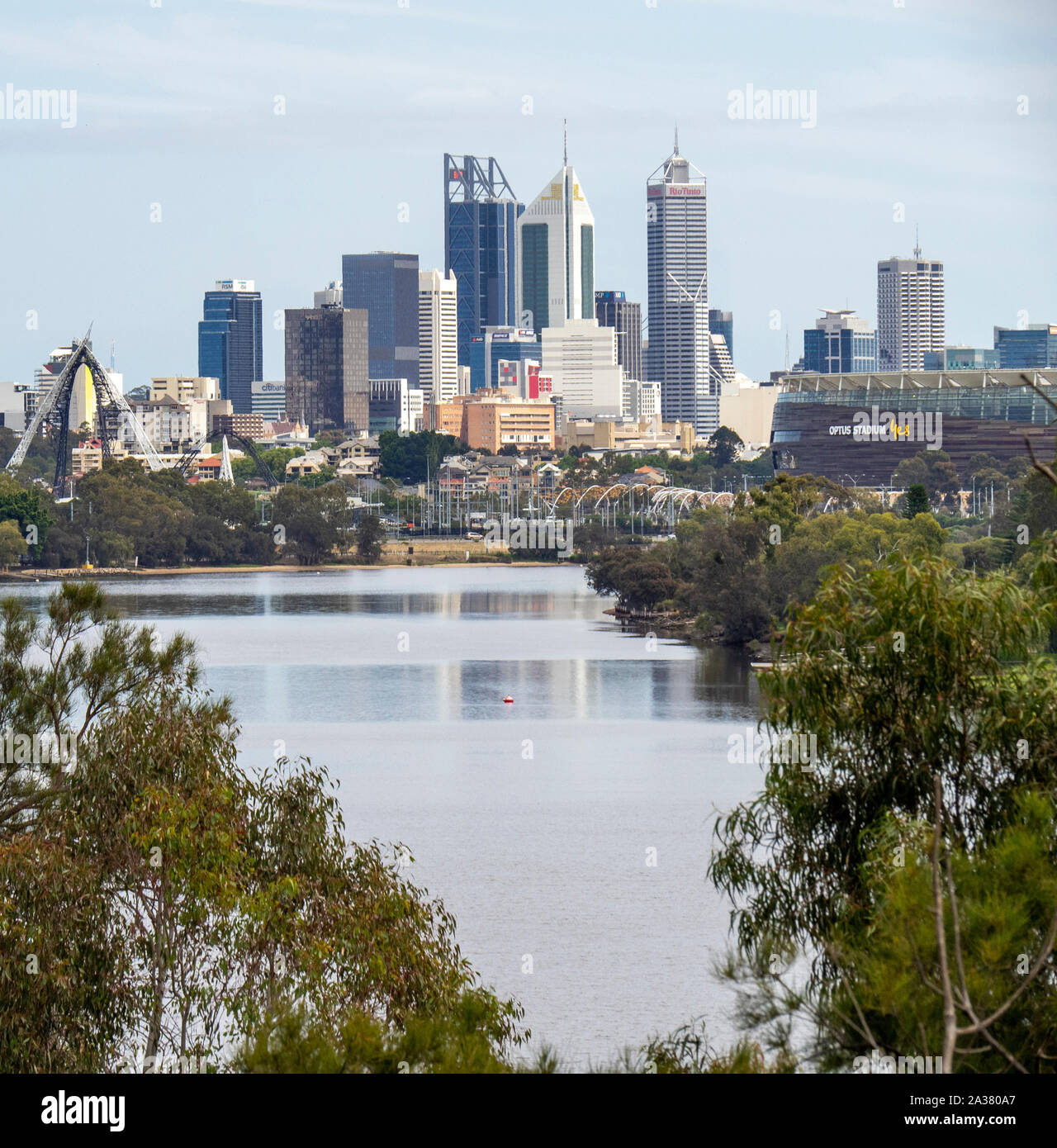 Towers and skyscrapers of Perth skyline on the banks of the Swan River ...