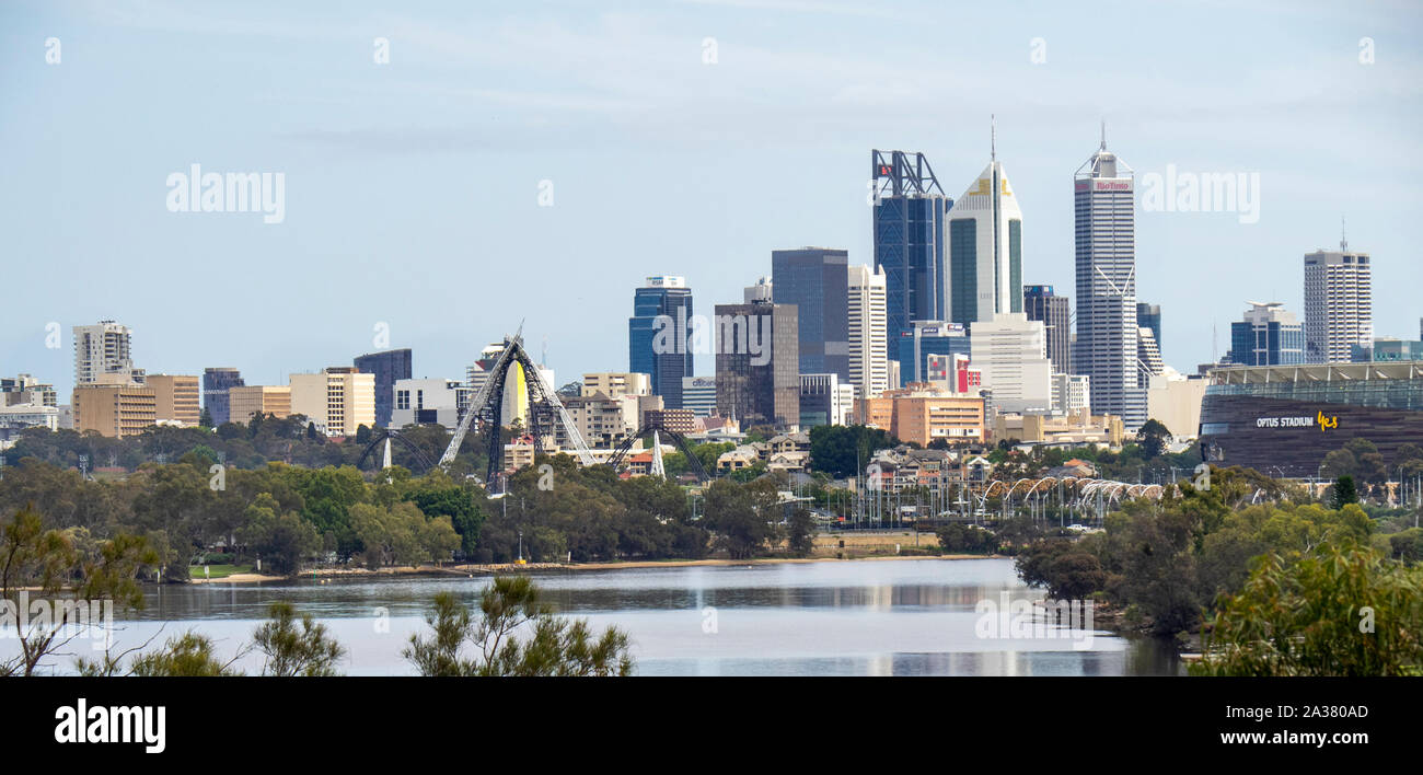 Towers and skyscrapers of Perth skyline on the banks of the Swan River ...