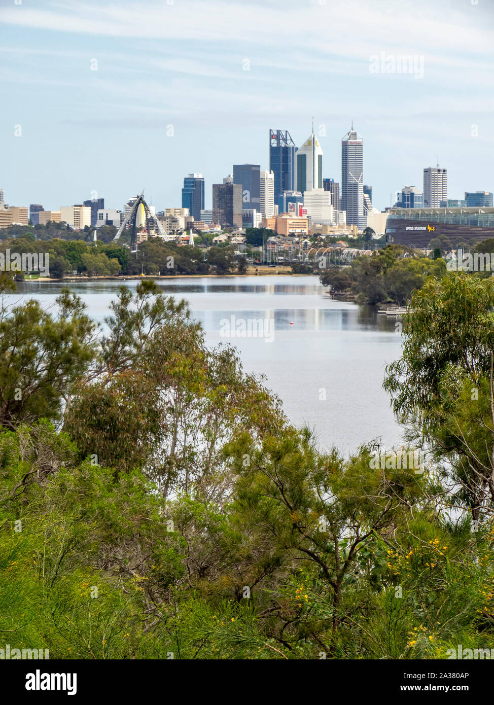 Towers and skyscrapers of Perth skyline on the banks of the Swan River ...