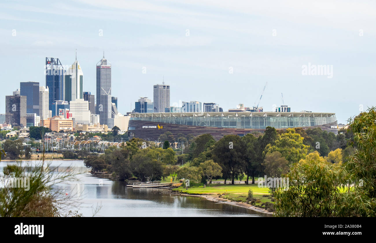 Towers and skyscrapers of Perth skyline on the banks of the Swan River ...