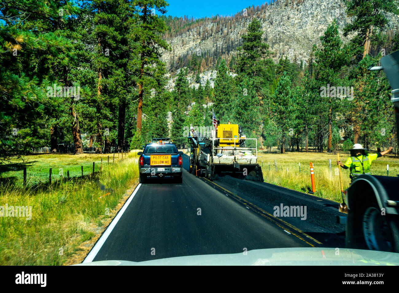 Road repaving in on Highway 108 Sonora Pass California Sierra Nevada ...