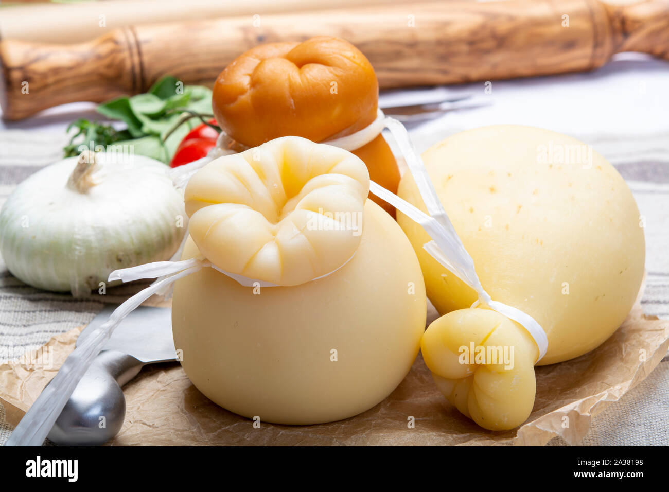 Cheese collection, Italian provolone or provola caciocavallo hard and ...