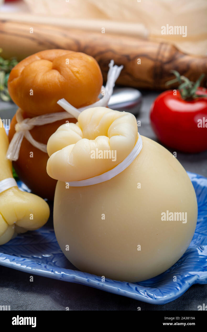Cheese collection, Italian provolone caciocavallo aged and smoked ...