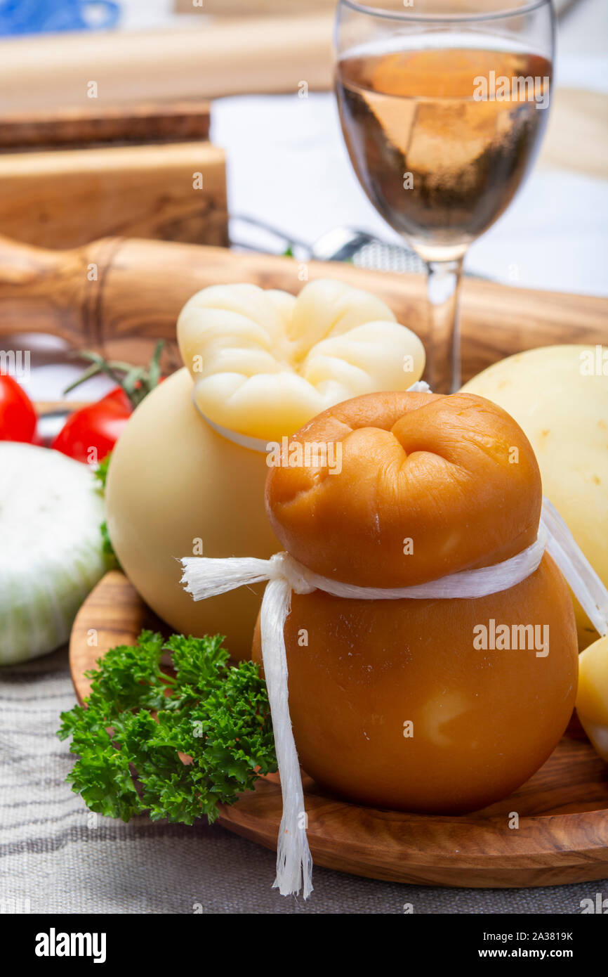 Cheese collection, Italian provolone or provola caciocavallo hard and ...