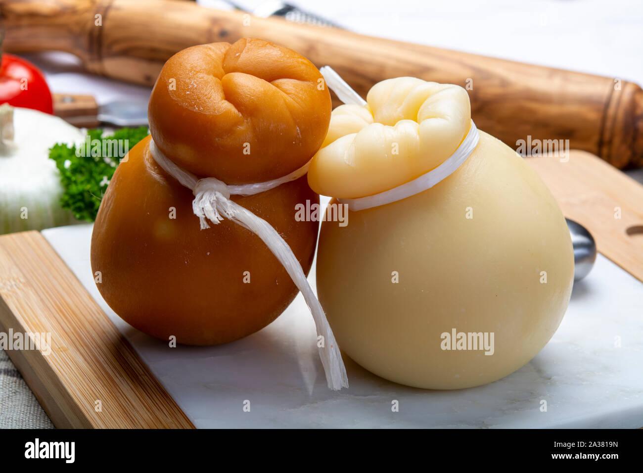 Cheese collection, Italian provolone or provola caciocavallo hard and ...