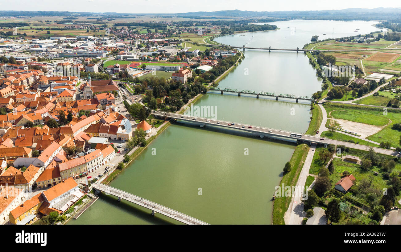 River Drava Aerial Drone View with Old Town of Pruj in Slovenia Stock ...
