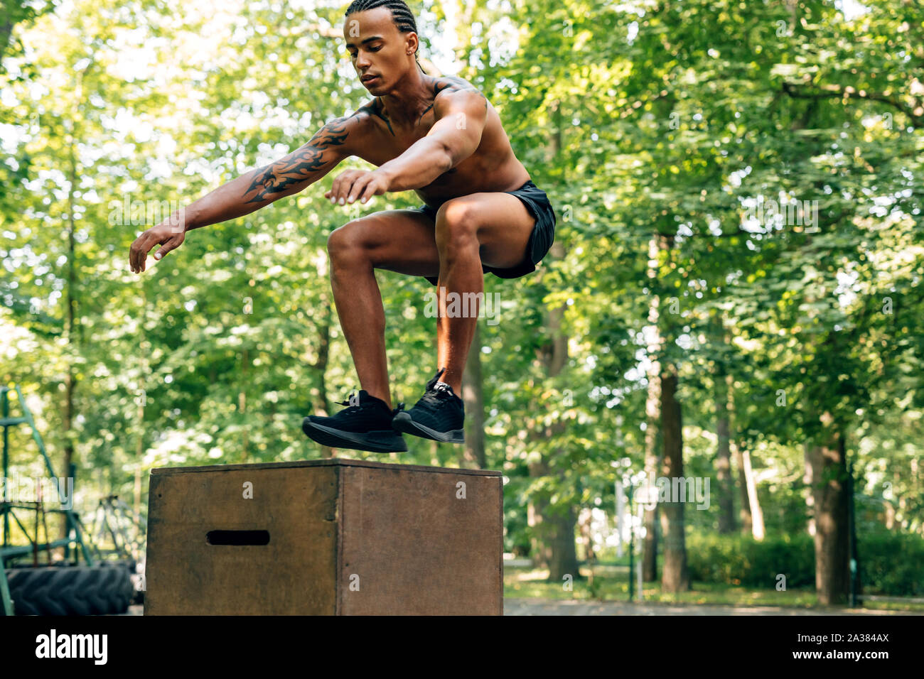 Young athletic male doing box jump on sports ground Stock Photo - Alamy