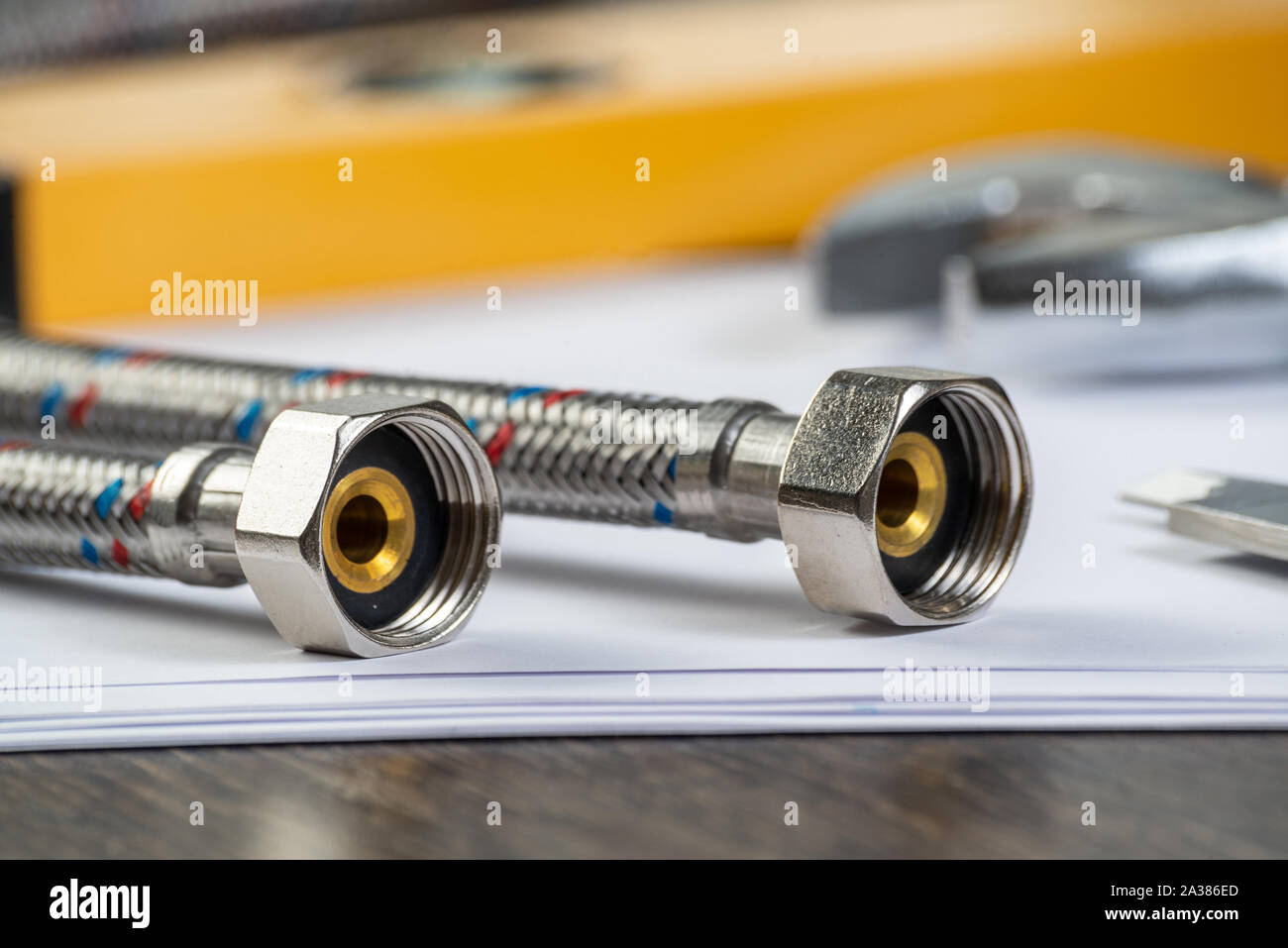 New flexible hydraulic system elements. Close up water fittings and ...