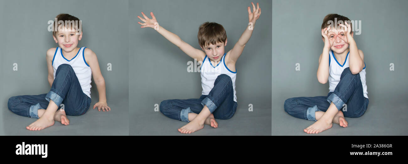 Collage cheerful boy. One child in three different poses Stock Photo ...