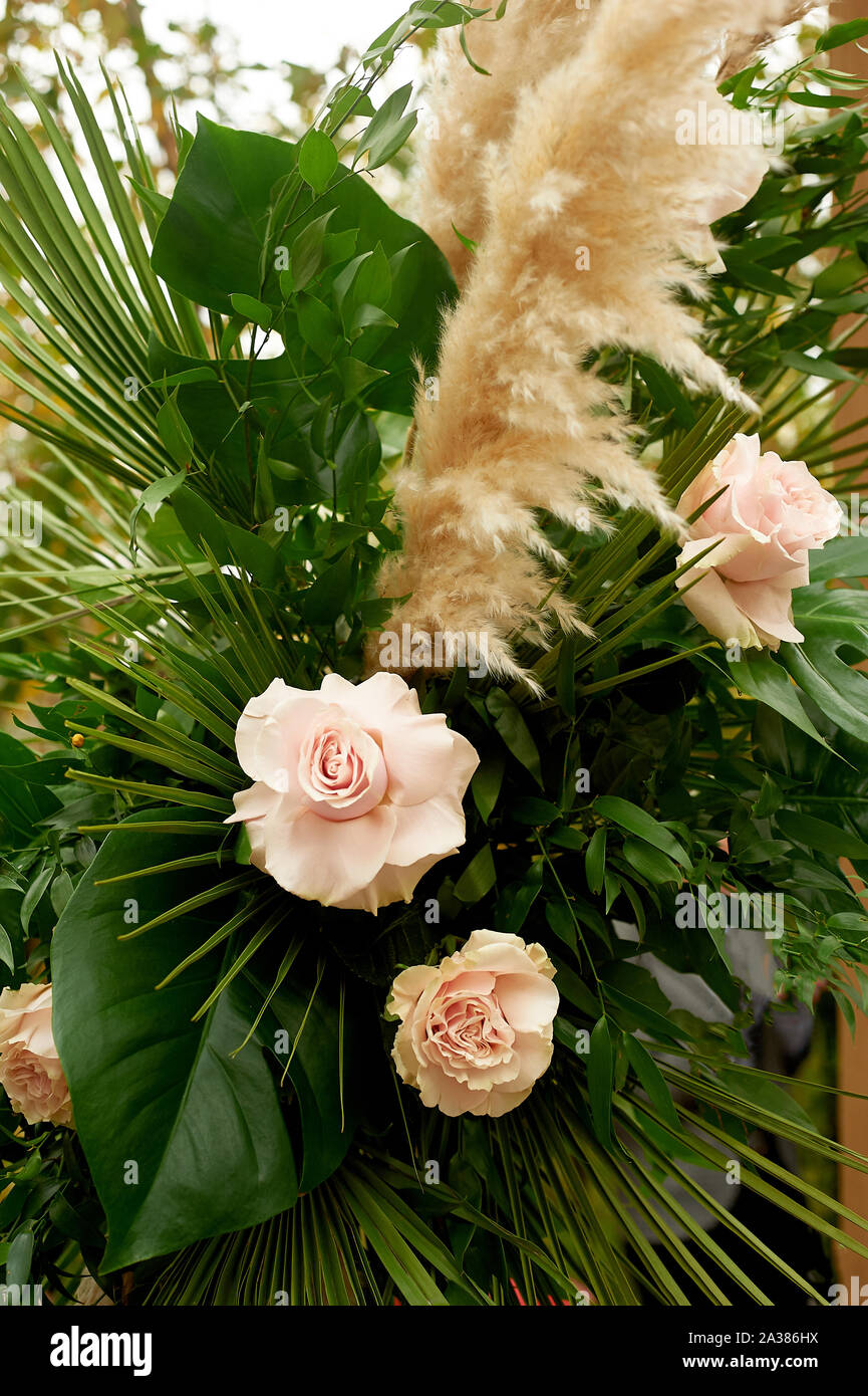 Composition of pampas grass, palm trees and roses.Decorative floristry ...
