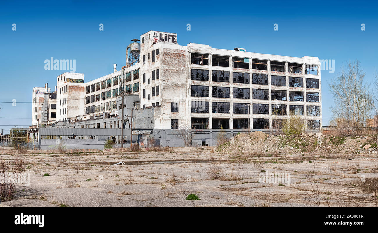 DETROIT, MICHIGAN - APRIL 28, 2019: A panorama view of the old Fisher ...