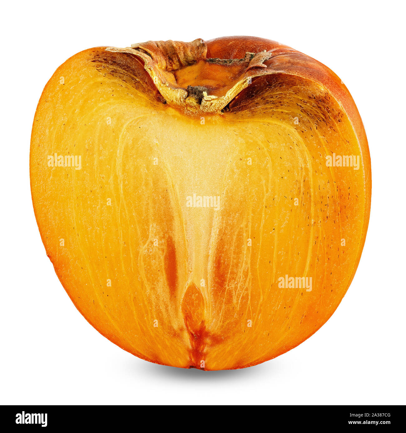 persimmon half isolated on a white background. the fruit texture is ...