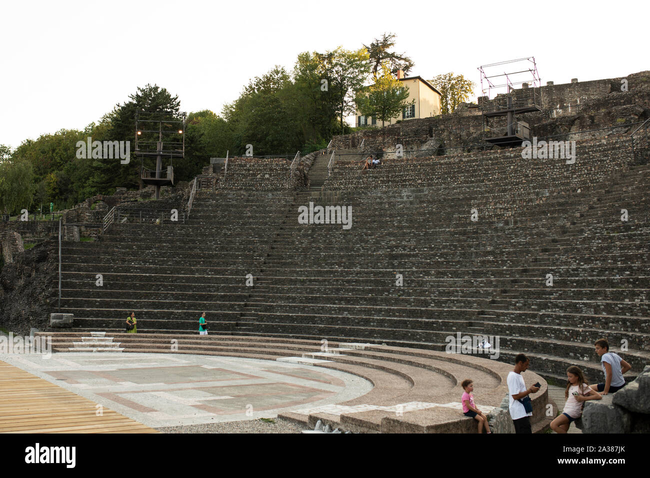 The ruins of the Roman theater complex (Théâtre Gallo Romain) on a ...