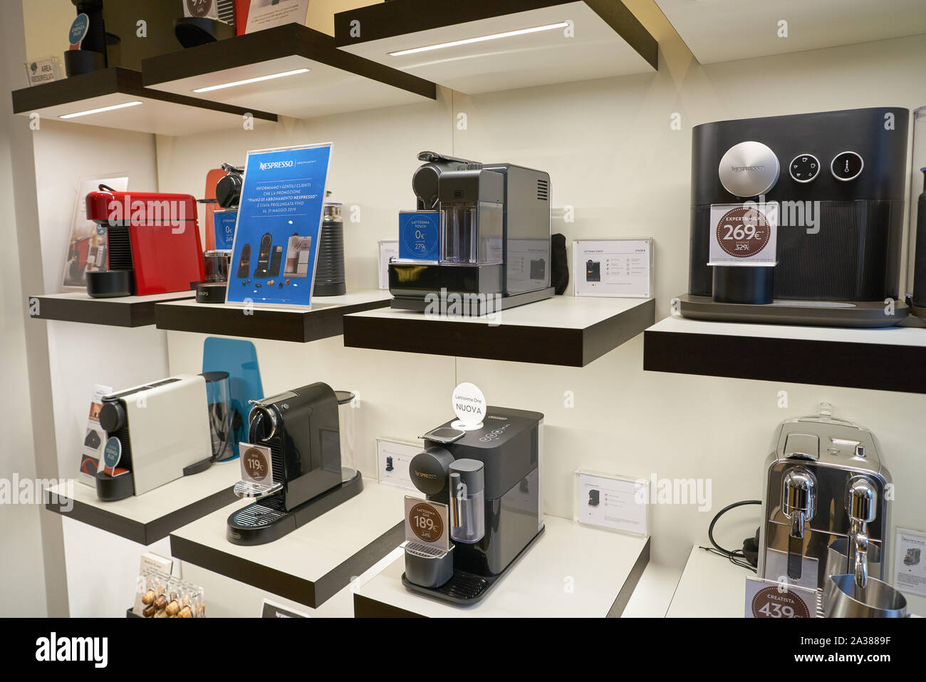VERONA, ITALY - CIRCA MAY, 2019: goods on display at Nespresso store in ...