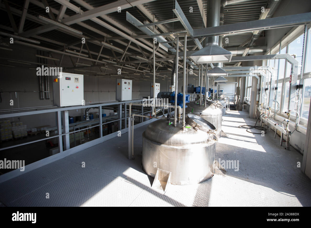 Chemical production. Metal tanks for the production of acid Stock Photo ...