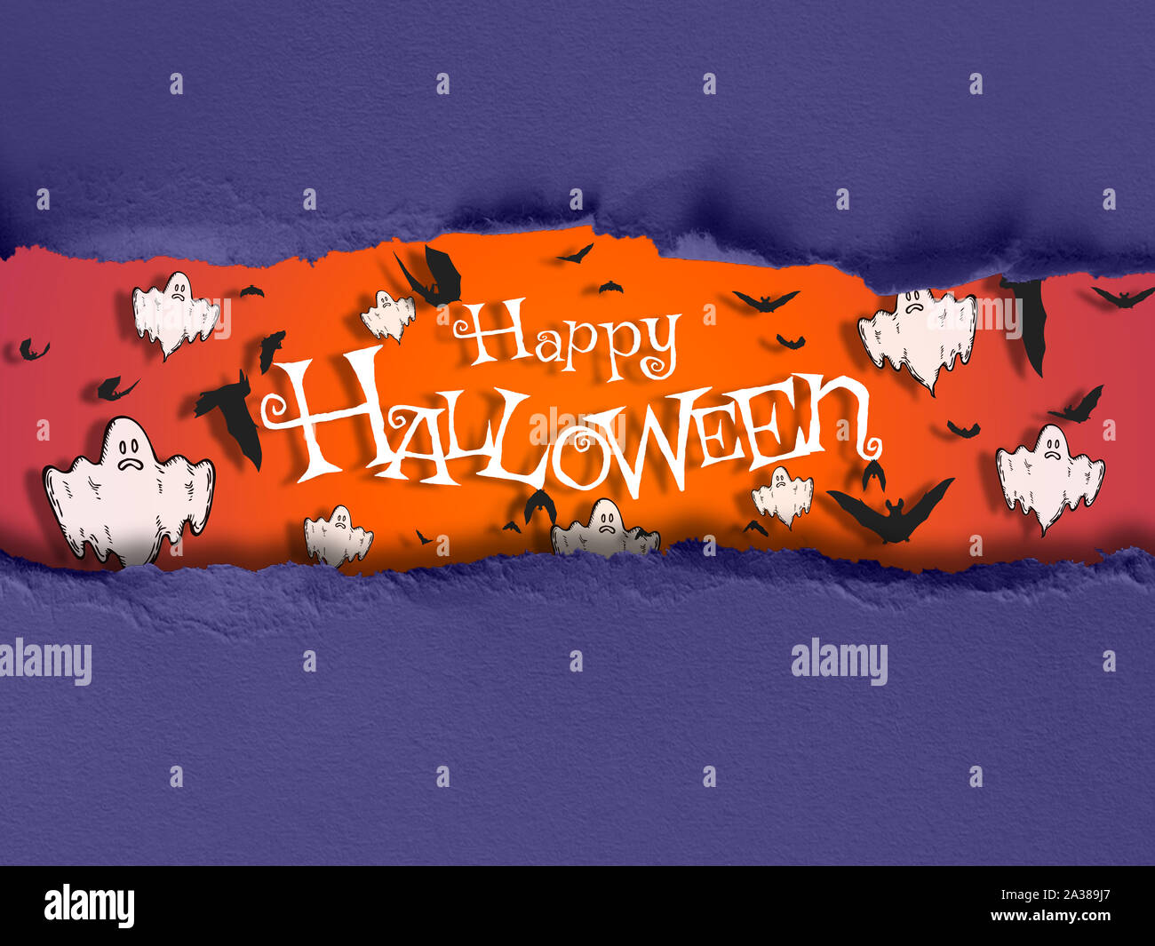 Happy Halloween background with bats, ghosts and violet torn paper ...