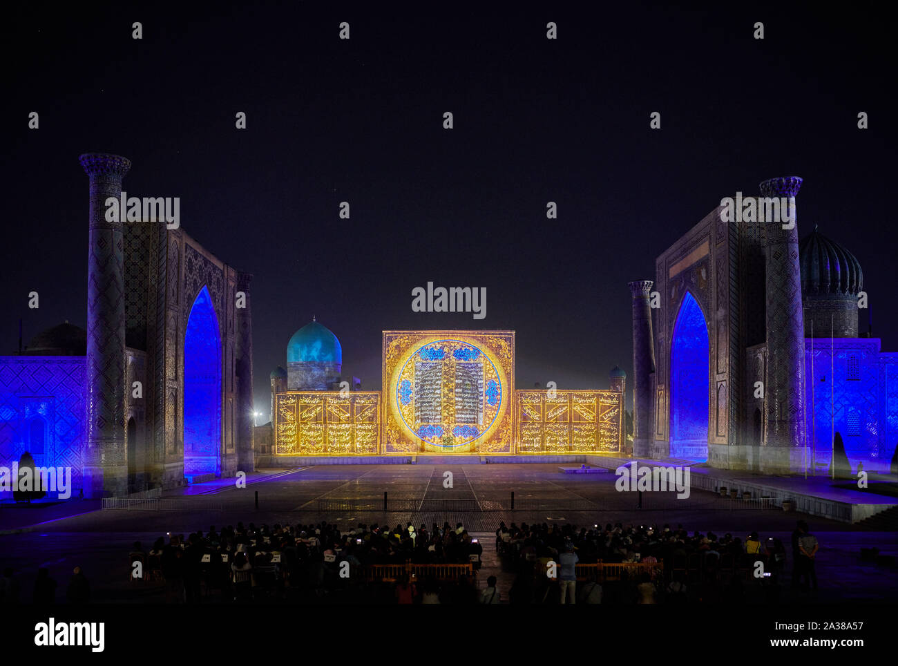 3D projection show on famous Registan of Samarkand, Uzbekistan, Central ...