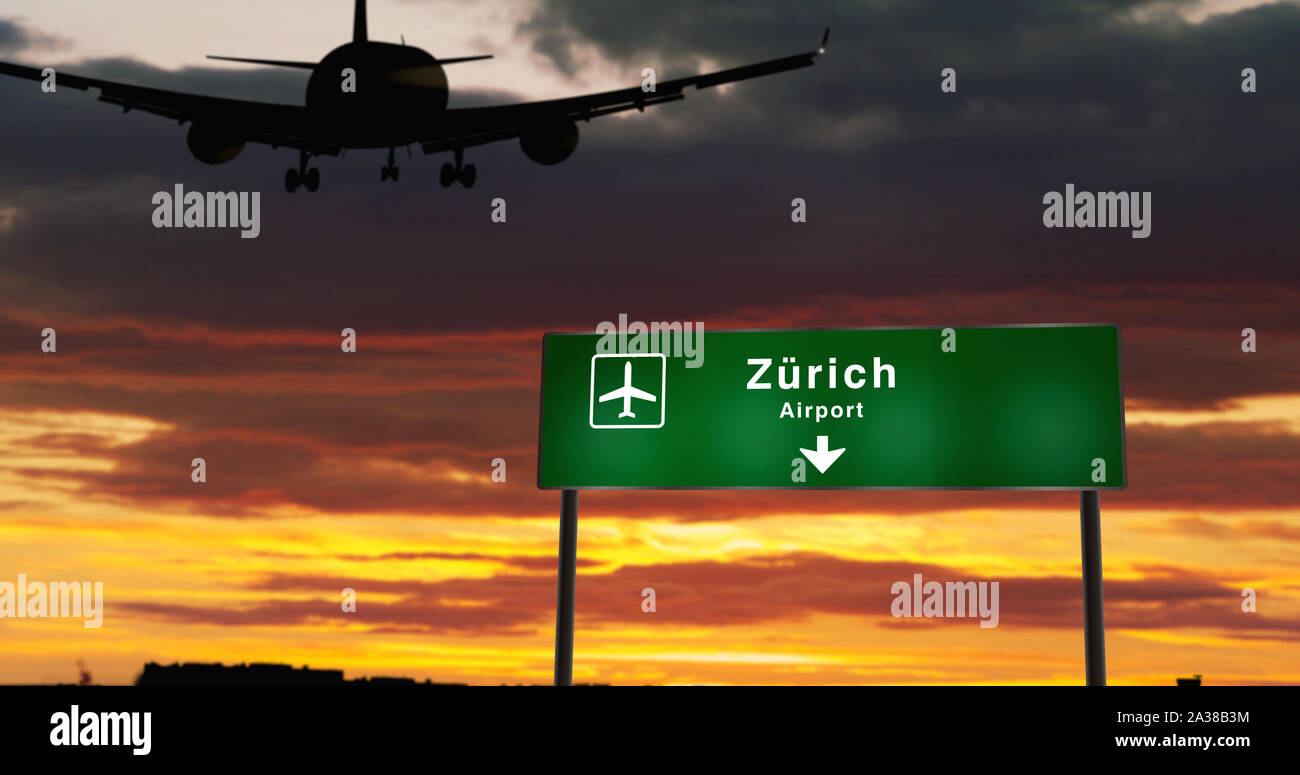 Airplane silhouette landing in Zurich, Zürich, Switzerland. City ...