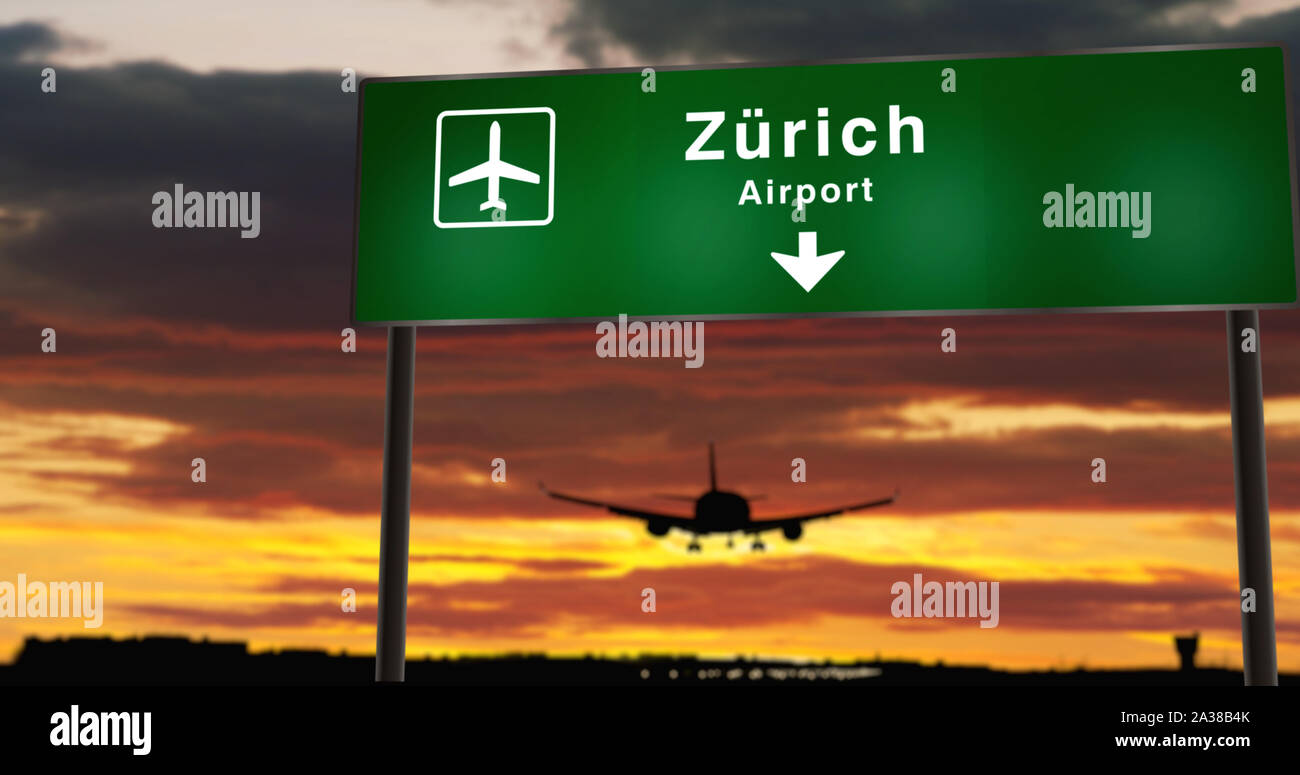 Airplane silhouette landing in Zurich, Zürich, Switzerland. City ...
