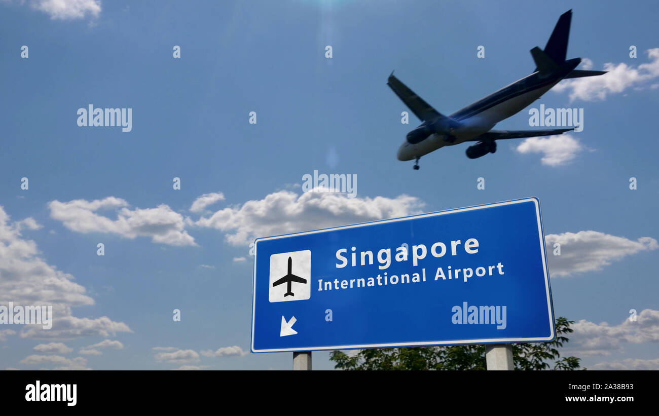 Airplane silhouette landing in Singapore. City arrival with ...