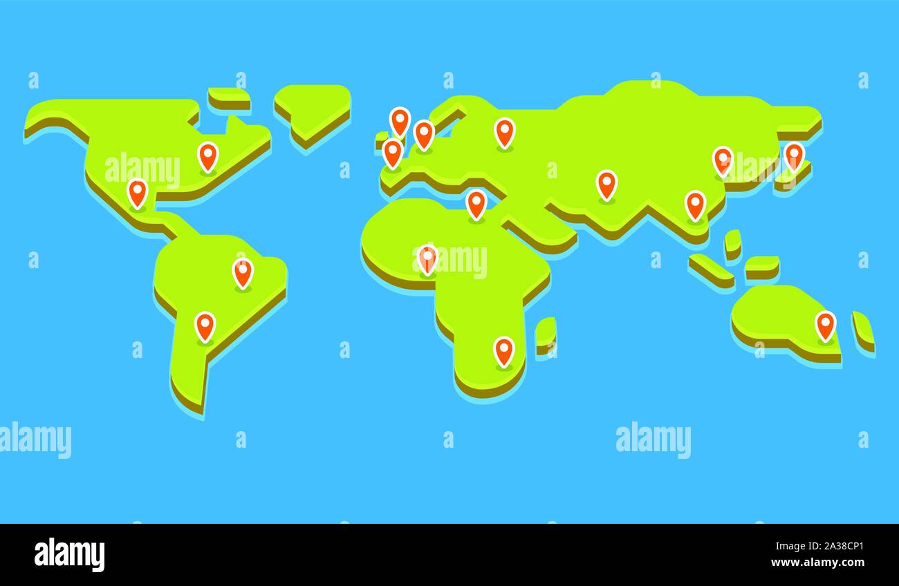 Stylized world map with pins on main capital cities. Simple flat vector ...