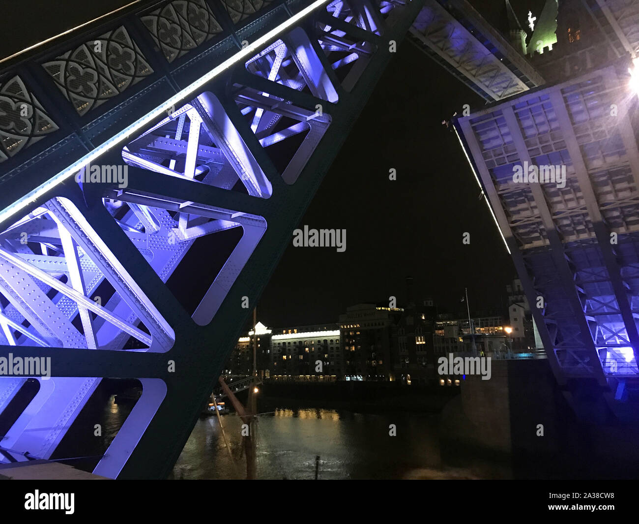 Tower Bridge opening at night, London, England, United Kingdom Stock ...